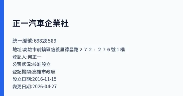正一汽車企業社的照片-統編 69828589(高雄市) 公司登記資料與營業項目詳細圖表