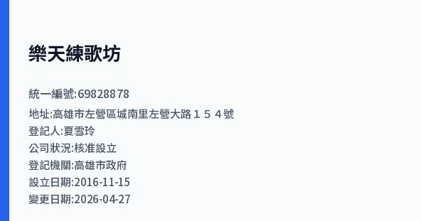 樂天練歌坊的照片-統編 69828878(高雄市) 公司登記資料與營業項目詳細圖表
