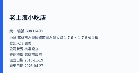 老上海小吃店的照片-統編 69831493(高雄市) 公司登記資料與營業項目詳細圖表