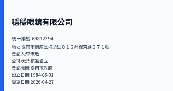 穩穩眼鏡有限公司的照片-統編 69832394(臺南市) 公司登記資料與營業項目詳細圖表