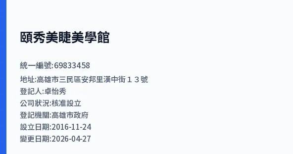 頤秀美睫美學館的照片-統編 69833458(高雄市) 公司登記資料與營業項目詳細圖表