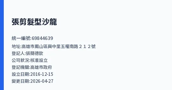 張剪髮型沙龍的照片-統編 69844639(高雄市) 公司登記資料與營業項目詳細圖表