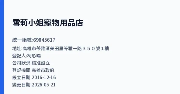 雪莉小姐寵物用品店的照片-統編 69845617(高雄市) 公司登記資料與營業項目詳細圖表