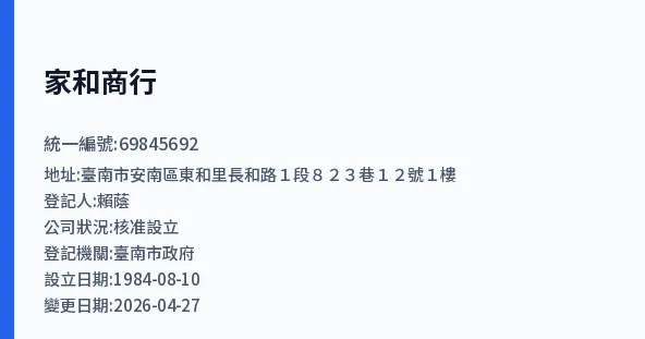 家和商行的照片-統編 69845692(臺南市) 公司登記資料與營業項目詳細圖表