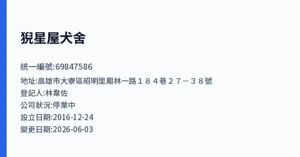 猊星屋犬舍的照片-統編 69847586(高雄市) 公司登記資料與營業項目詳細圖表