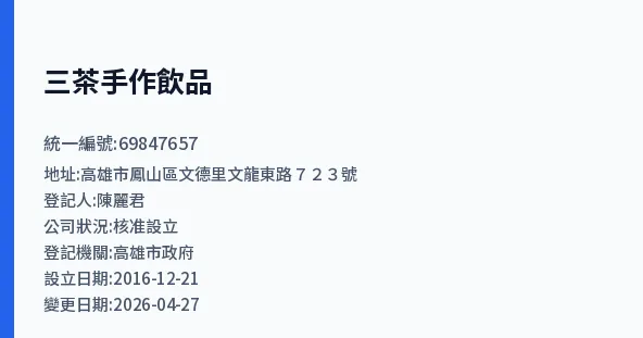 三茶手作飲品的照片-統編 69847657(高雄市) 公司登記資料與營業項目詳細圖表