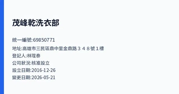 茂峰乾洗衣部的照片-統編 69850771(高雄市) 公司登記資料與營業項目詳細圖表