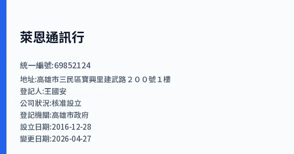萊恩通訊行的照片-統編 69852124(高雄市) 公司登記資料與營業項目詳細圖表