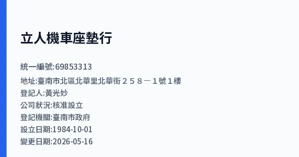 立人機車座墊行的照片-統編 69853313(臺南市) 公司登記資料與營業項目詳細圖表