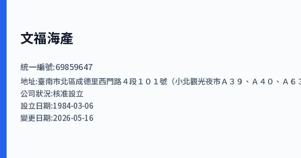 文福海產的照片-統編 69859647(臺南市) 公司登記資料與營業項目詳細圖表