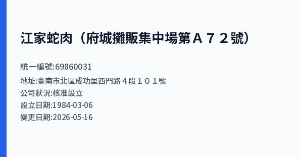 江家蛇肉(府城攤販集中場第A72號)的照片-統編 69860031(臺南市) 公司登記資料與營業項目詳細圖表