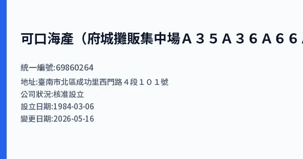 可口海產(府城攤販集中場A35A36A66A67號)的照片-統編 69860264(臺南市) 公司登記資料與營業項目詳細圖表