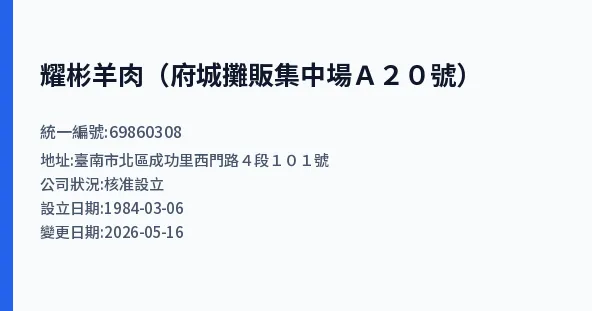 耀彬羊肉(府城攤販集中場A20號)的照片-統編 69860308(臺南市) 公司登記資料與營業項目詳細圖表