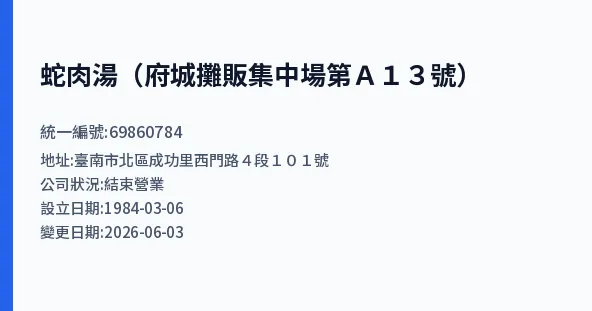 蛇肉湯(府城攤販集中場第A13號)的照片-統編 69860784(臺南市) 公司登記資料與營業項目詳細圖表