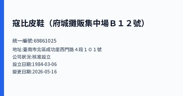 寇比皮鞋(府城攤販集中場B12號)的照片-統編 69861025(臺南市) 公司登記資料與營業項目詳細圖表