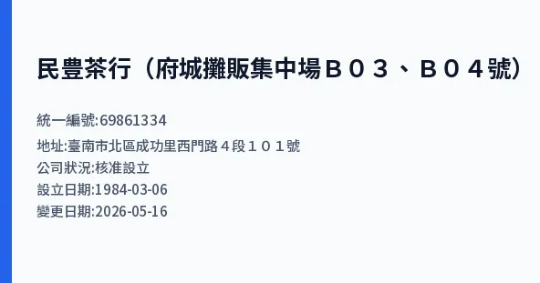 民豊茶行(府城攤販集中場B03、B04號)的照片-統編 69861334(臺南市) 公司登記資料與營業項目詳細圖表