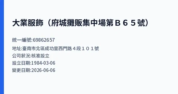 大業服飾(府城攤販集中場第B65號)的照片-統編 69862657(臺南市) 公司登記資料與營業項目詳細圖表