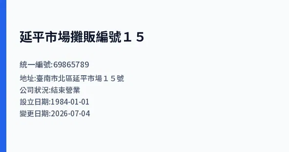 延平市場攤販編號15的照片-統編 69865789(臺南市) 公司登記資料與營業項目詳細圖表