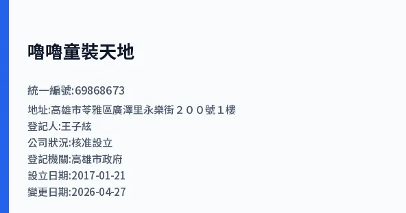 嚕嚕童裝天地的照片-統編 69868673(高雄市) 公司登記資料與營業項目詳細圖表