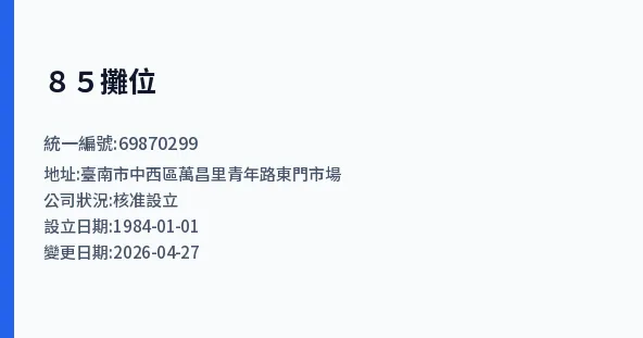 85攤位的照片-統編 69870299(臺南市) 公司登記資料與營業項目詳細圖表