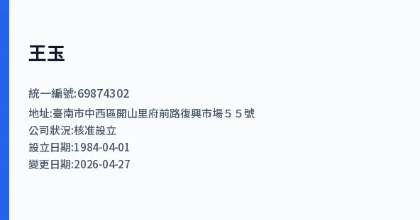 王玉的照片-統編 69874302(臺南市) 公司登記資料與營業項目詳細圖表