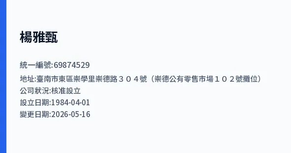 楊雅甄的照片-統編 69874529(臺南市) 公司登記資料與營業項目詳細圖表