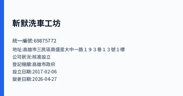 斬默洗車工坊的照片-統編 69875772(高雄市) 公司登記資料與營業項目詳細圖表