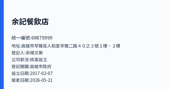 余記餐飲店的照片-統編 69875999(高雄市) 公司登記資料與營業項目詳細圖表