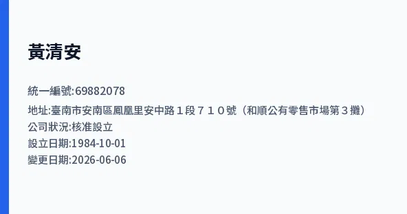 黃清安的照片-統編 69882078(臺南市) 公司登記資料與營業項目詳細圖表