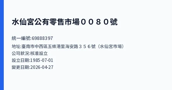 水仙宮公有零售市場0080號的照片-統編 69888397(臺南市) 公司登記資料與營業項目詳細圖表