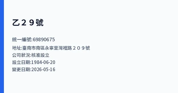 乙29號的照片-統編 69890675(臺南市) 公司登記資料與營業項目詳細圖表