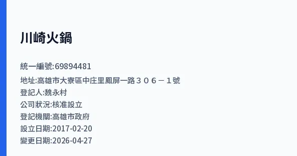 川崎火鍋的照片-統編 69894481(高雄市) 公司登記資料與營業項目詳細圖表