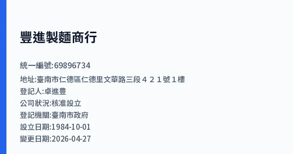 豐進製麵商行的照片-統編 69896734(臺南市) 公司登記資料與營業項目詳細圖表