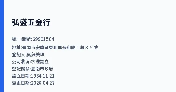 弘盛五金行的照片-統編 69901504(臺南市) 公司登記資料與營業項目詳細圖表