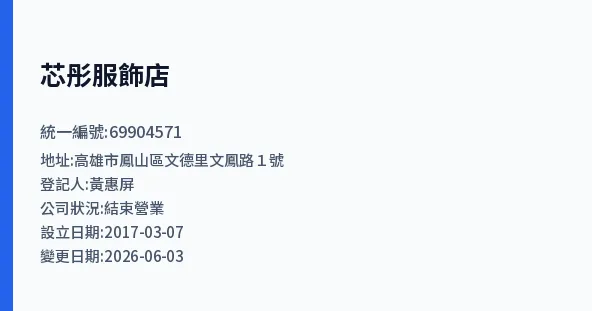 芯彤服飾店的照片-統編 69904571(高雄市) 公司登記資料與營業項目詳細圖表