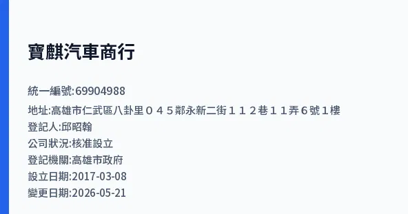 寶麒汽車商行的照片-統編 69904988(高雄市) 公司登記資料與營業項目詳細圖表