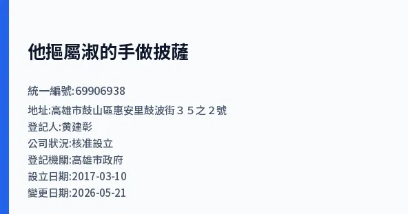 他摳屬淑的手做披薩的照片-統編 69906938(高雄市) 公司登記資料與營業項目詳細圖表