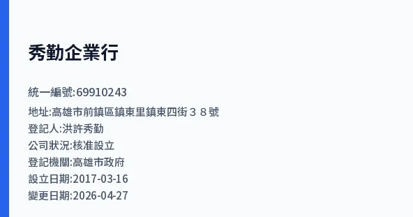 秀勤企業行的照片-統編 69910243(高雄市) 公司登記資料與營業項目詳細圖表
