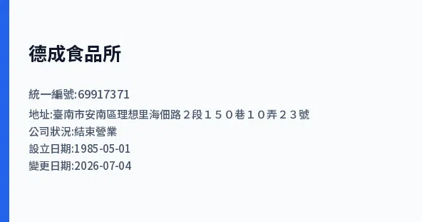 德成食品所的照片-統編 69917371(臺南市) 公司登記資料與營業項目詳細圖表