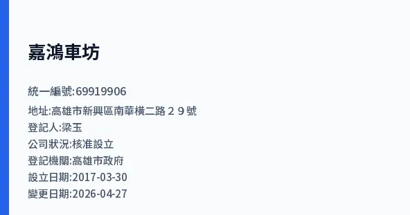 嘉鴻車坊的照片-統編 69919906(高雄市) 公司登記資料與營業項目詳細圖表
