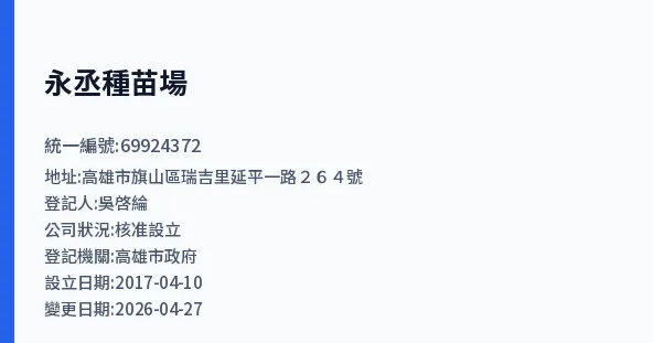 永丞種苗場的照片-統編 69924372(高雄市) 公司登記資料與營業項目詳細圖表