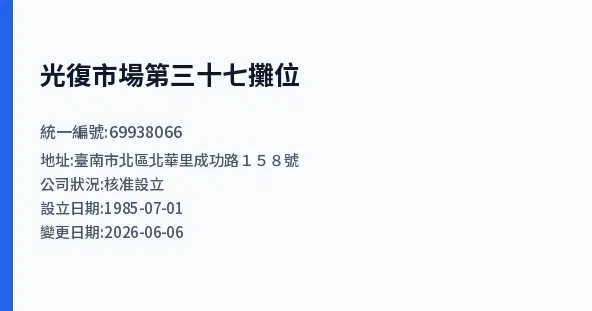 光復市場第三十七攤位的照片-統編 69938066(臺南市) 公司登記資料與營業項目詳細圖表