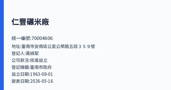 仁豐碾米廠的照片-統編 70004606(臺南市) 公司登記資料與營業項目詳細圖表
