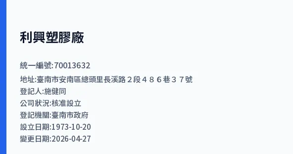 利興塑膠廠的照片-統編 70013632(臺南市) 公司登記資料與營業項目詳細圖表