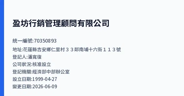 盈坊行銷管理顧問有限公司的照片-統編 70350893(花蓮縣) 公司登記資料與營業項目詳細圖表