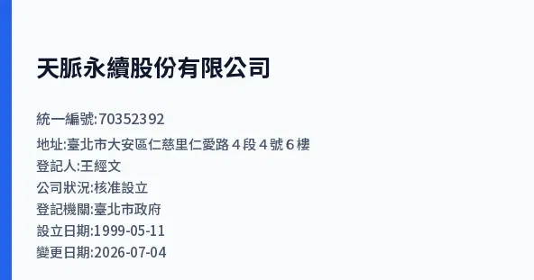 天脈永續股份有限公司的照片-統編 70352392(臺北市) 公司登記資料與營業項目詳細圖表