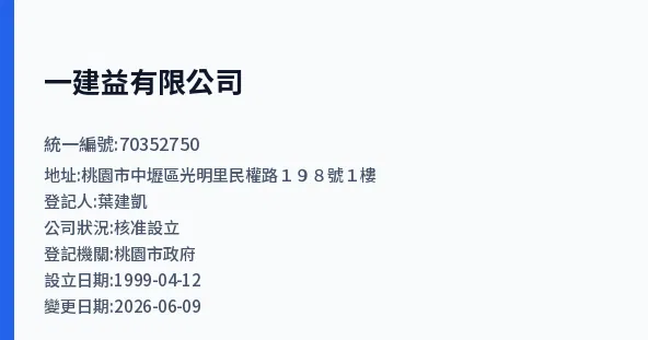 一建益有限公司的照片-統編 70352750(桃園市) 公司登記資料與營業項目詳細圖表