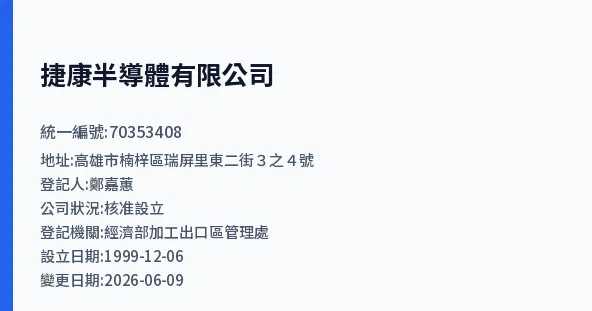 捷康半導體有限公司的照片-統編 70353408(高雄市) 公司登記資料與營業項目詳細圖表