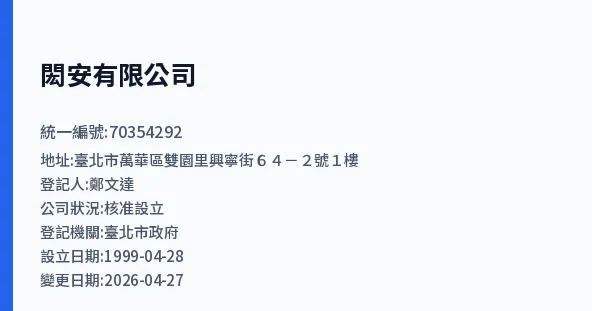 閎安有限公司的照片-統編 70354292(臺北市) 公司登記資料與營業項目詳細圖表