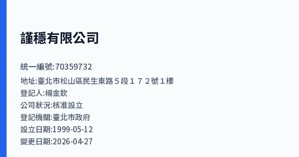 謹穩有限公司的照片-統編 70359732(臺北市) 公司登記資料與營業項目詳細圖表